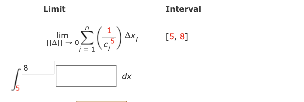Solved Limit Interval lim||Δ||→0∑i=1n(1ci5)Δxi,[5,8] ∫5﻿dx | Chegg.com
