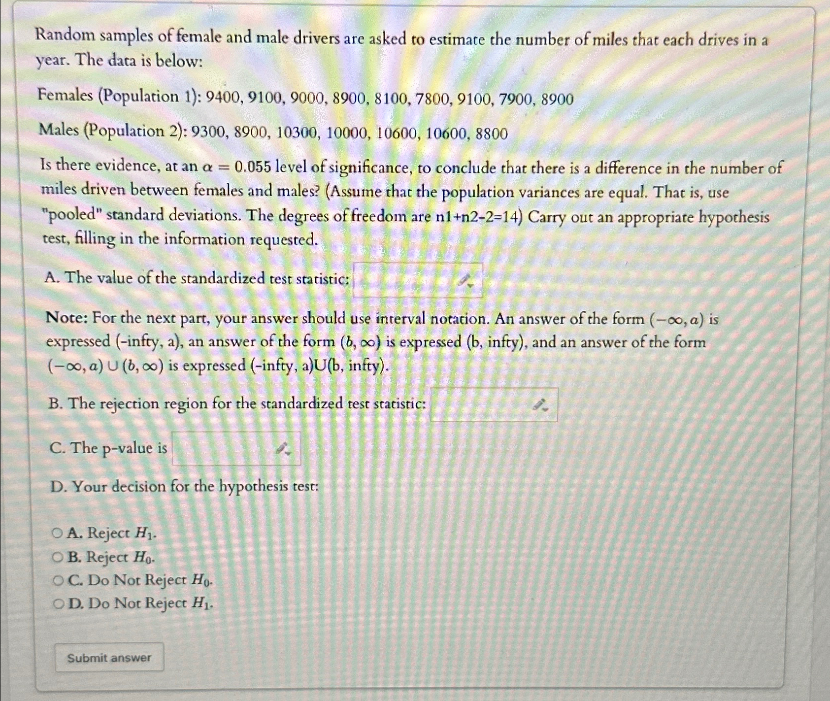 Solved Random samples of female and male drivers are asked | Chegg.com