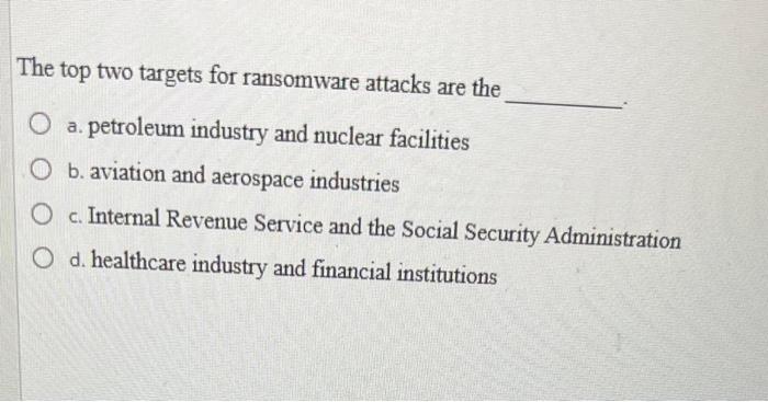Solved The top two targets for ransomware attacks are the a. | Chegg.com