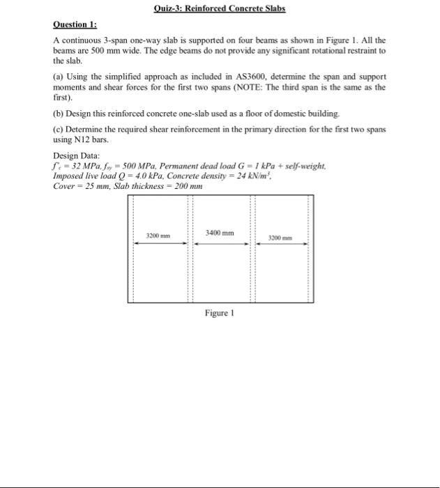 Solved Question 1: A continuous 3-span one-way slab is | Chegg.com