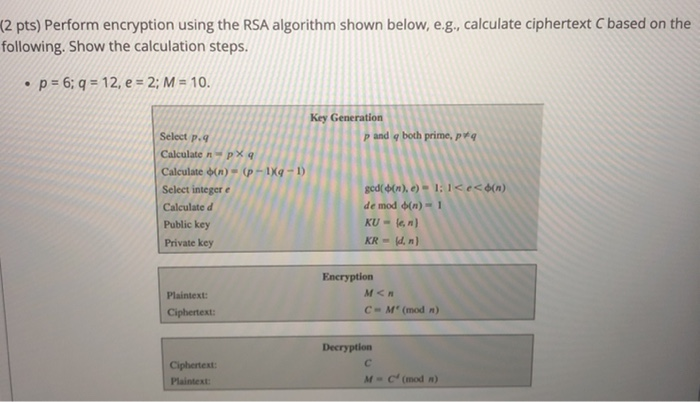 (2 pts) Perform encryption using the RSA algorithm | Chegg.com (2 pts) Perform encryption using the RSA algorithm | Chegg.com