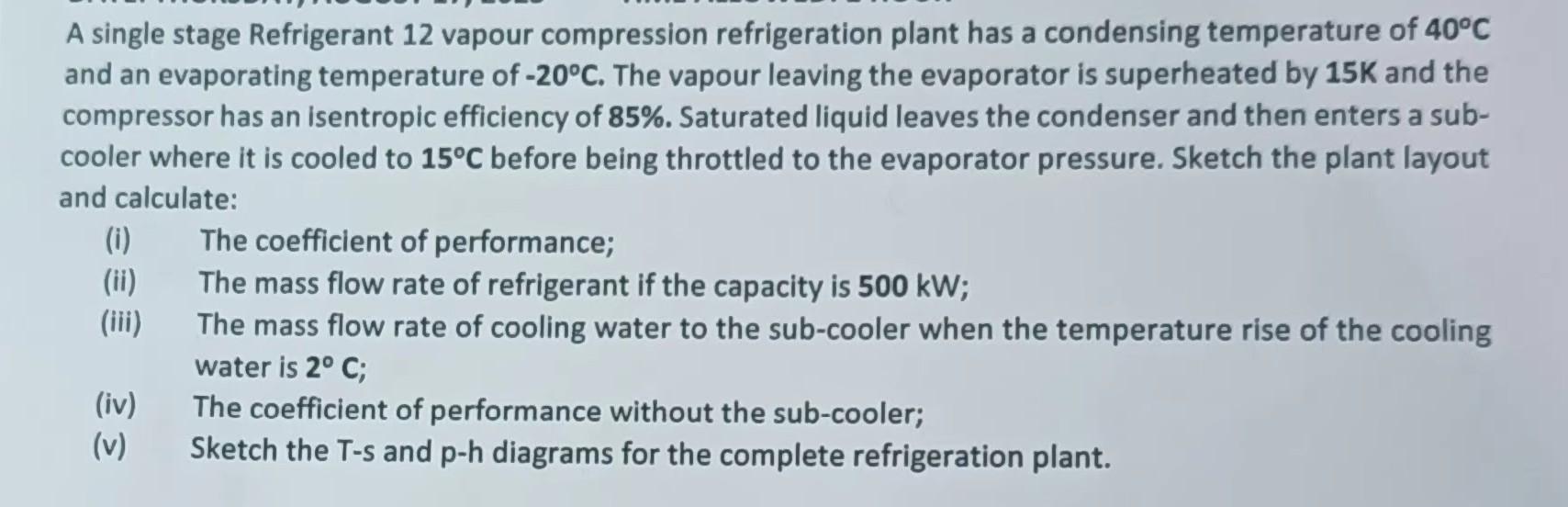 Solved A single stage Refrigerant 12 vapour compression | Chegg.com