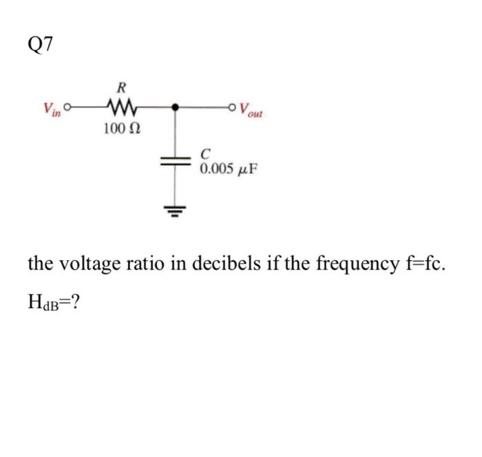 Solved the voltage ratio in decibels if the frequency f=fc. | Chegg.com