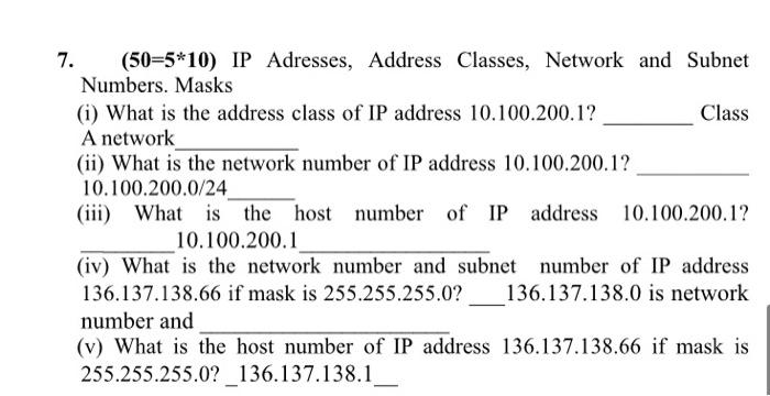 Solved 7. (50=5∗10) IP Adresses, Address Classes, Network | Chegg.com