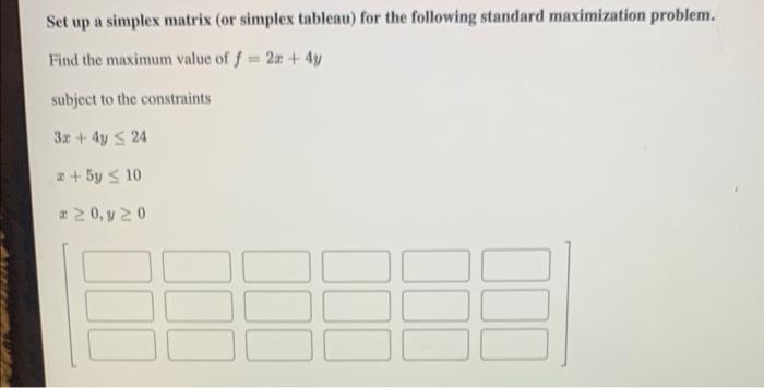 Solved Set up a simplex matrix (or simplex tableau) for the | Chegg.com
