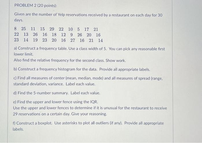 Solved Given are the number of Yelp reservations received by | Chegg.com