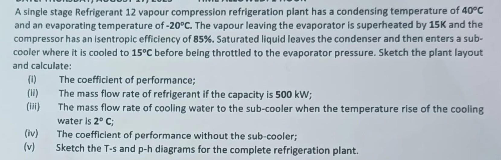 Solved A single stage Refrigerant 12 vapour compression | Chegg.com