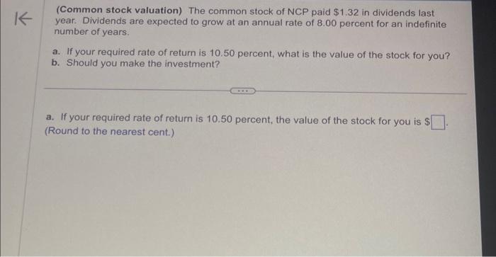 Solved (Common stock valuation) The common stock of NCP paid | Chegg.com