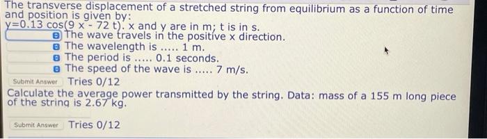 Solved The transverse displacement of a stretched string | Chegg.com