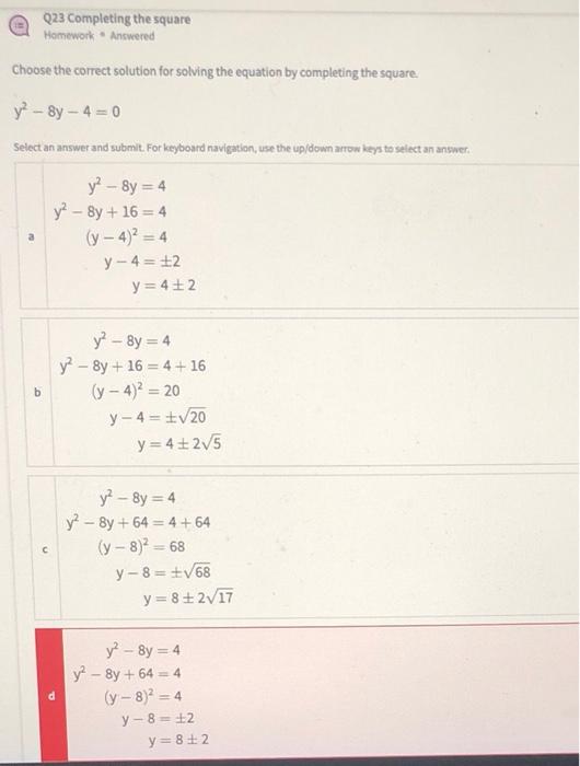 Solved Q23 Completing the square Homework. Answered Choose | Chegg.com