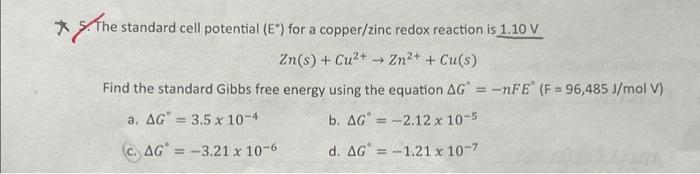 Solved The standard cell potential (Eº) for a copper/zinc | Chegg.com