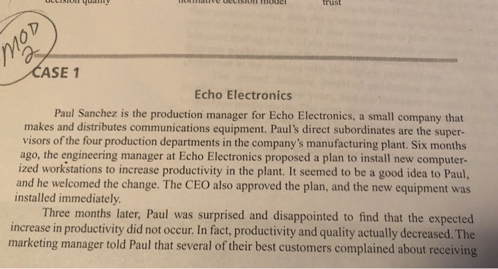 Solved trust moD CASE 1 Echo Electronics Paul Sanchez is the | Chegg.com