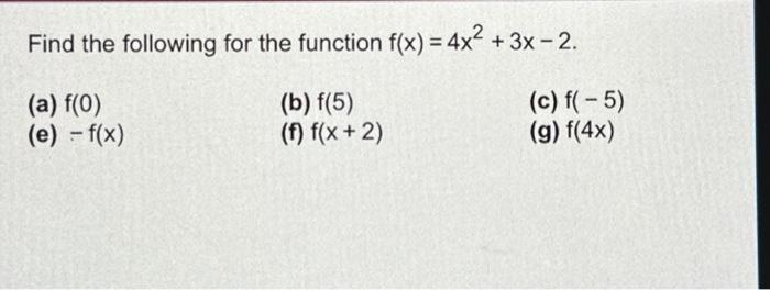 Solved Find the following for the function f(x)=4x2+3x−2 (a) | Chegg.com