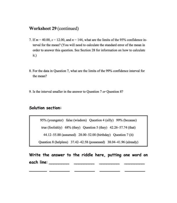 Solved Worksheet 29 Confidence Interval for the Mean Riddle: | Chegg.com
