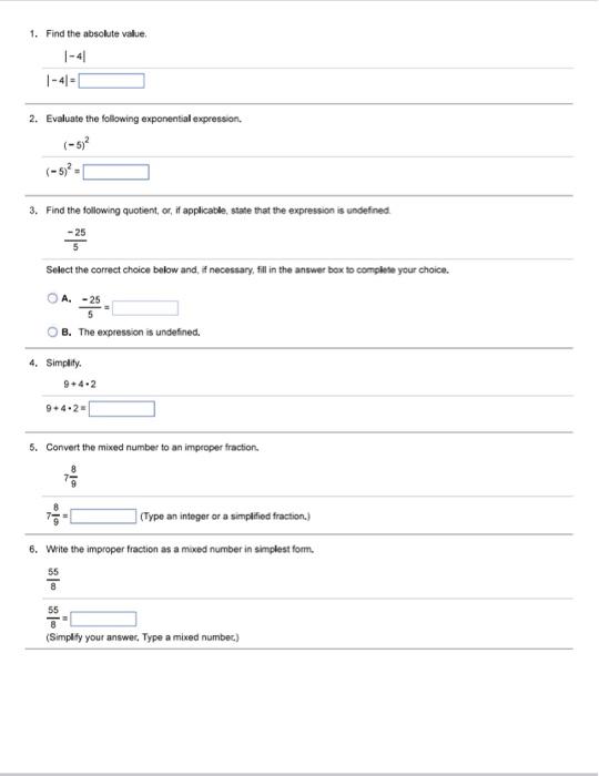 Solved 1. Find the absolute value. ∣−4∣∣−4∣= 2. Evaluate the | Chegg.com