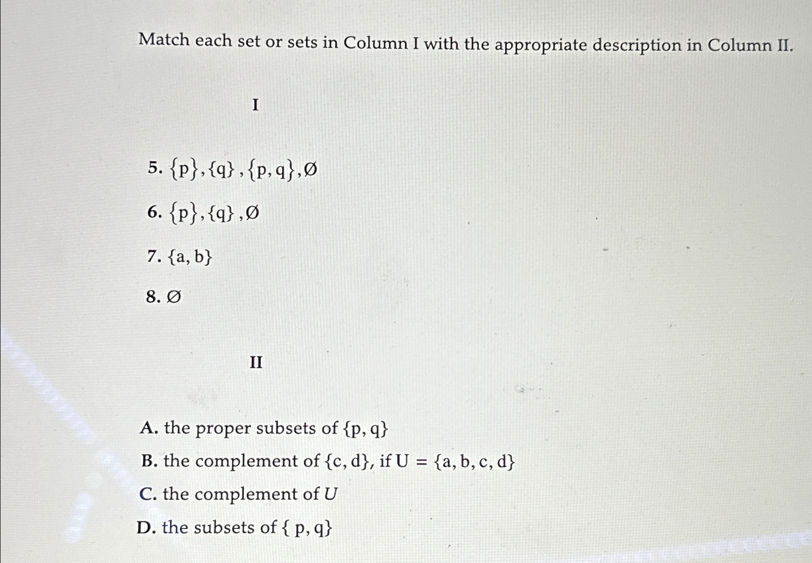 Solved Match each set or sets in Column I with the | Chegg.com