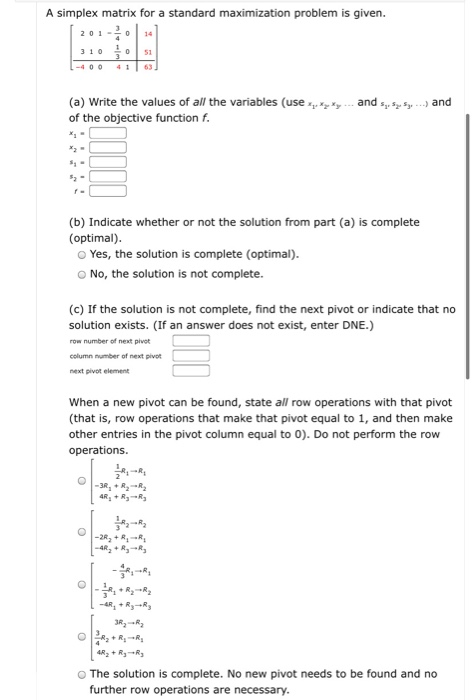 Solved A simplex matrix for a standard maximization problem | Chegg.com