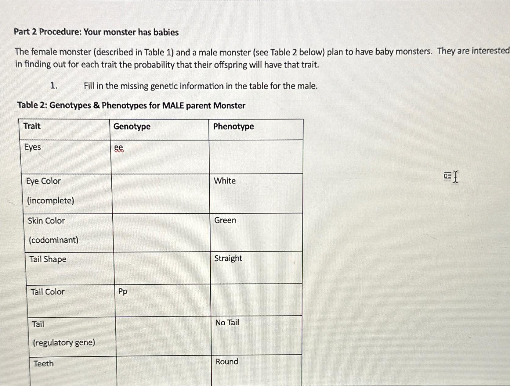 Solved Part 2 ﻿Procedure: Your monster has babiesThe female | Chegg.com