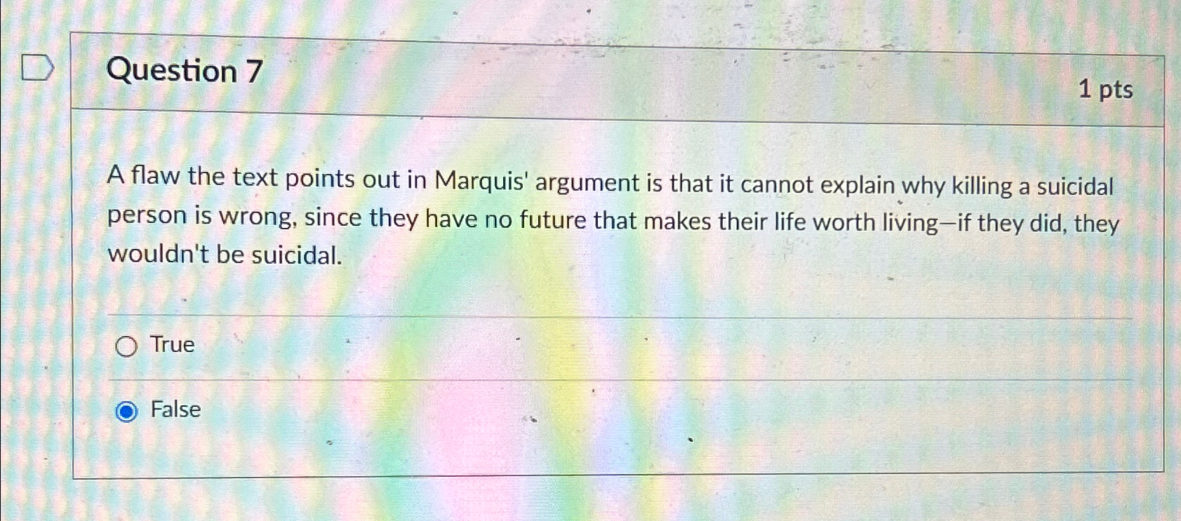 Solved Question 71ptsA flaw the text points out in Marquis' | Chegg.com