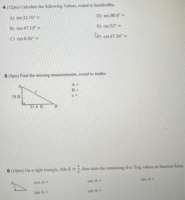 Solved 4 Calculate the following Values, round to | Chegg.com