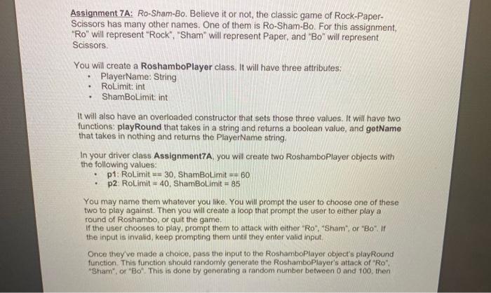 Solved Assignment 7A: Ro-Sham-Bo. Believe it or not, the | Chegg.com