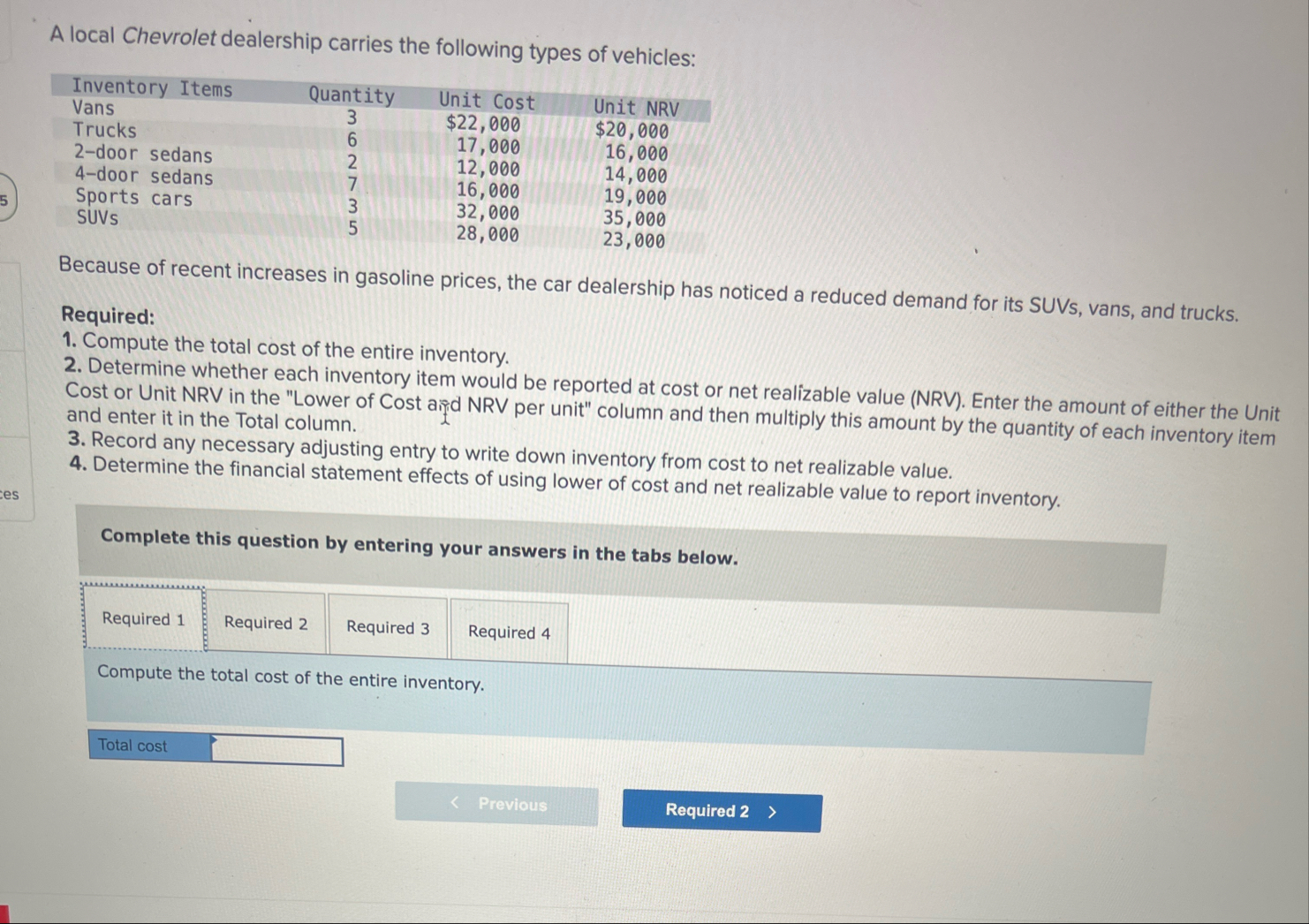 Solved A local Chevrolet dealership carries the following | Chegg.com