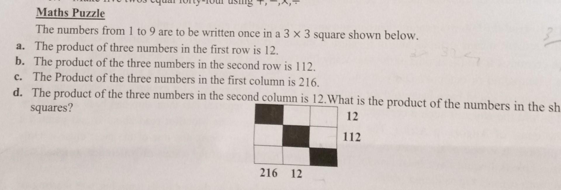 Solved Maths Puzzle The numbers from 1 to 9 are to be | Chegg.com
