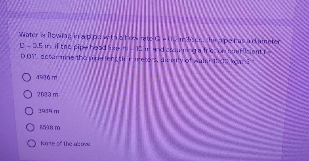 Solved Water is flowing in a pipe with a flow rate Q = 0.2 | Chegg.com