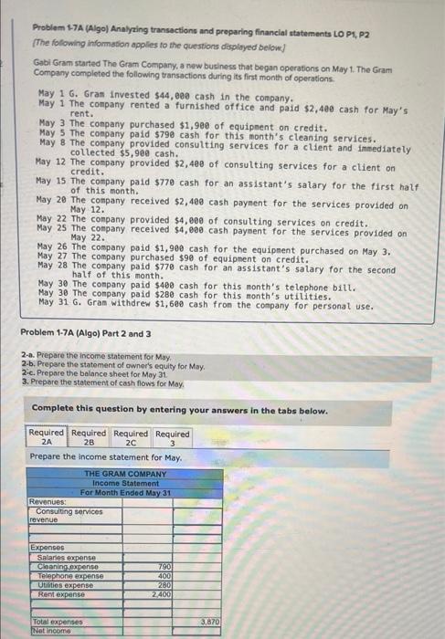 Solved Problem 1-7A (Algo) Analyzing transactions and | Chegg.com