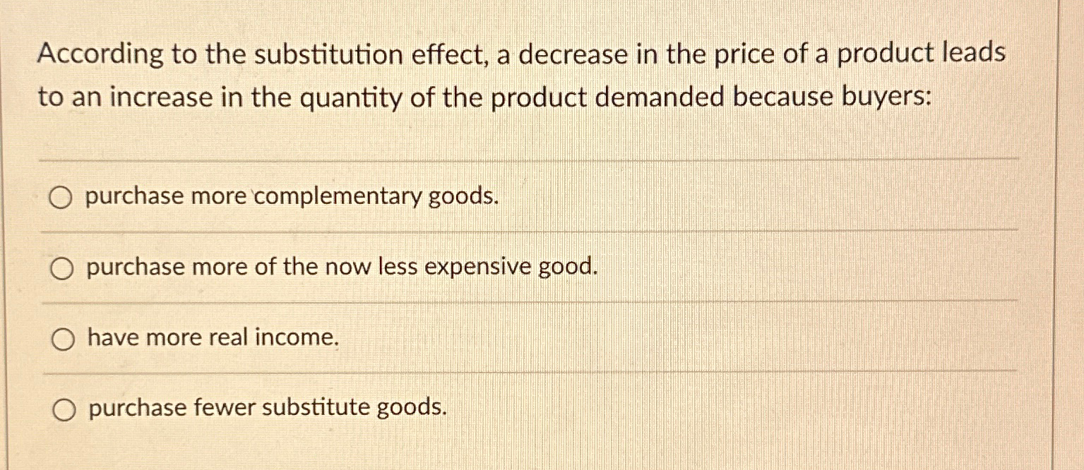 Solved According to the substitution effect, a decrease in | Chegg.com