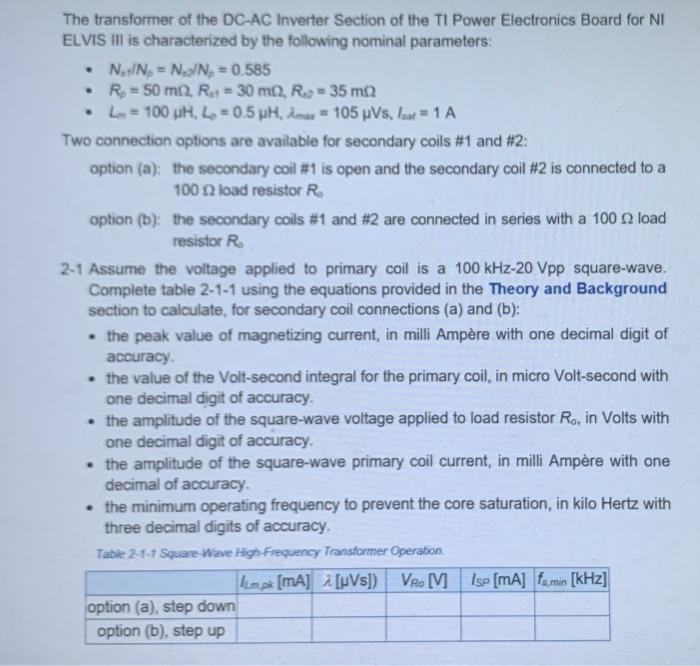 The transformer of the DC-AC Inverter Section of the | Chegg.com