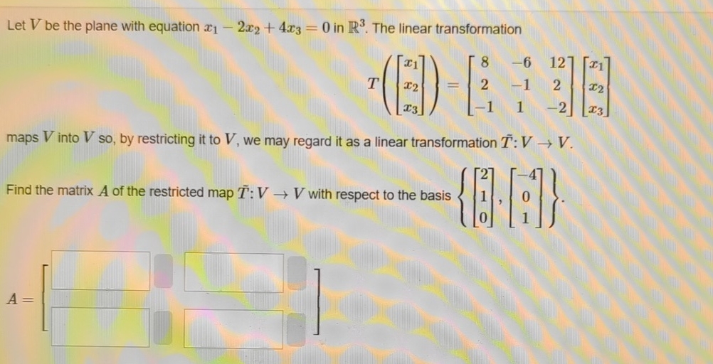 Solved Let V ﻿be the plane with equation x1-2x2+4x3=0 ﻿in | Chegg.com