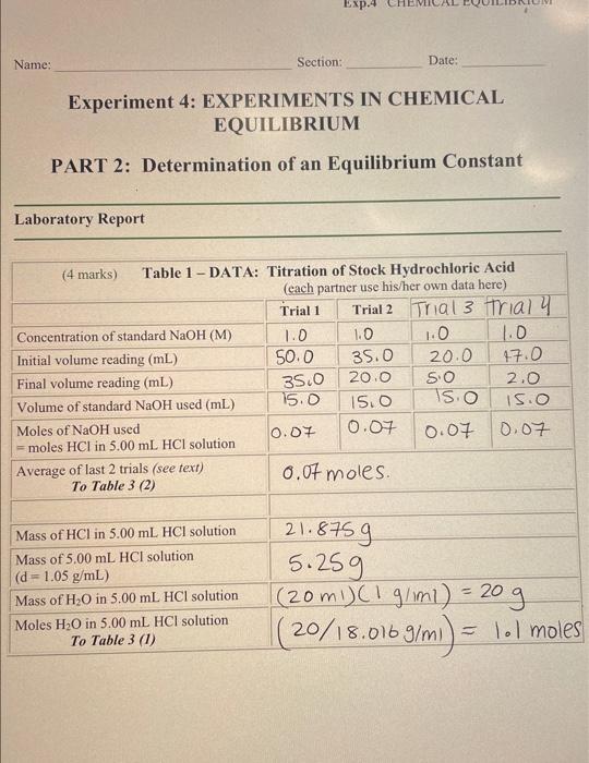 Exp.A CHEMICAL EQUIL IBRIUMName: Section: Date: | Chegg.com