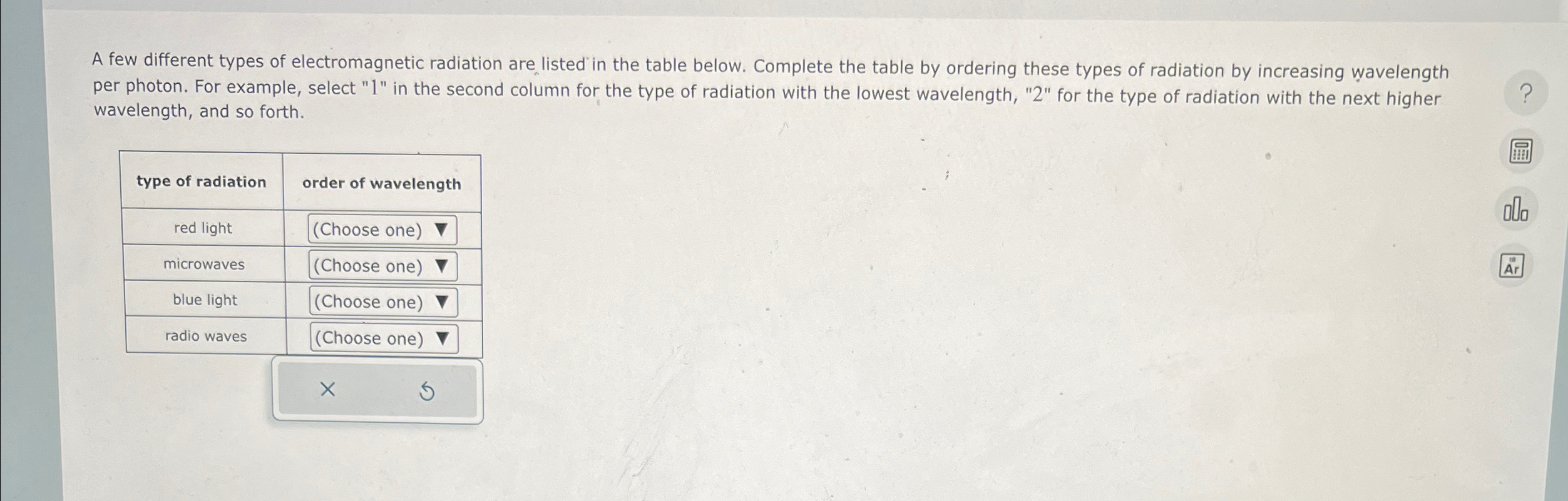 Solved A few different types of electromagnetic radiation | Chegg.com