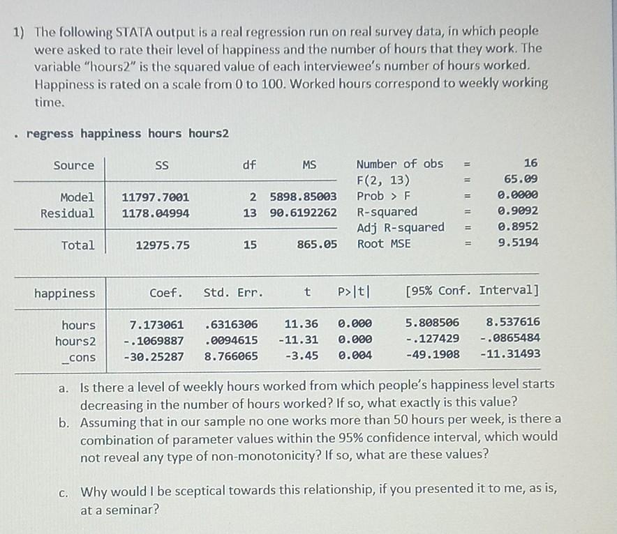 Solved 1) The following STATA output is a real regression | Chegg.com