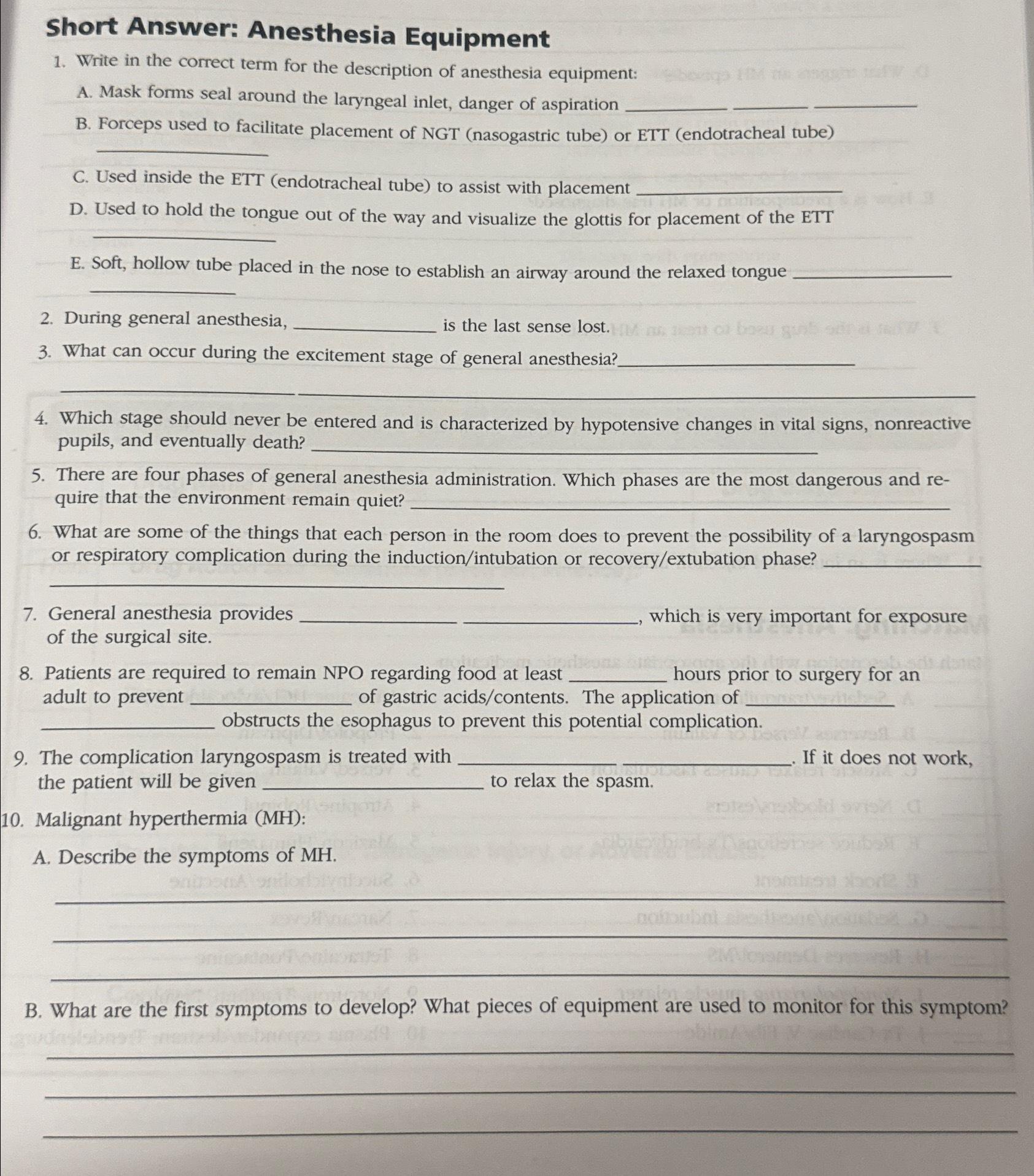 Solved Short Answer: Anesthesia EquipmentWrite in the | Chegg.com