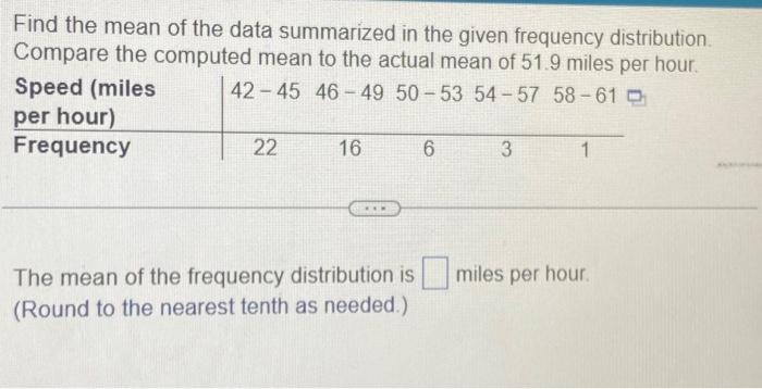 Solved Find the mean of the data summarized in the given | Chegg.com