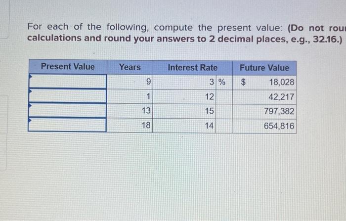 Solved for each of the following, compute the present value: | Chegg.com