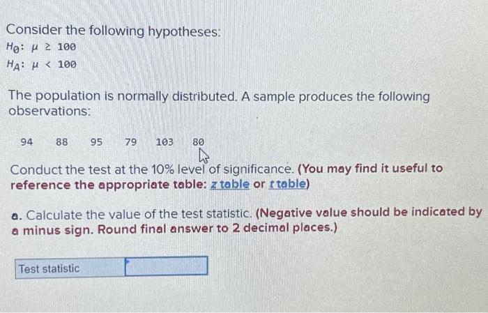 Solved Consider the following hypotheses: H0:μ≥100HA:μ