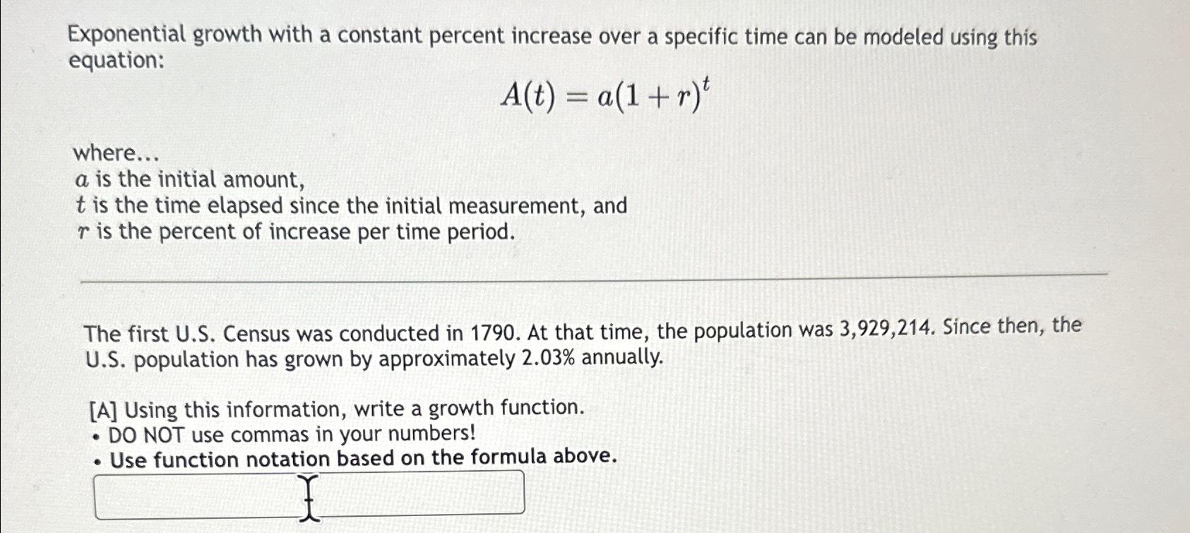 Solved Exponential growth with a constant percent increase | Chegg.com
