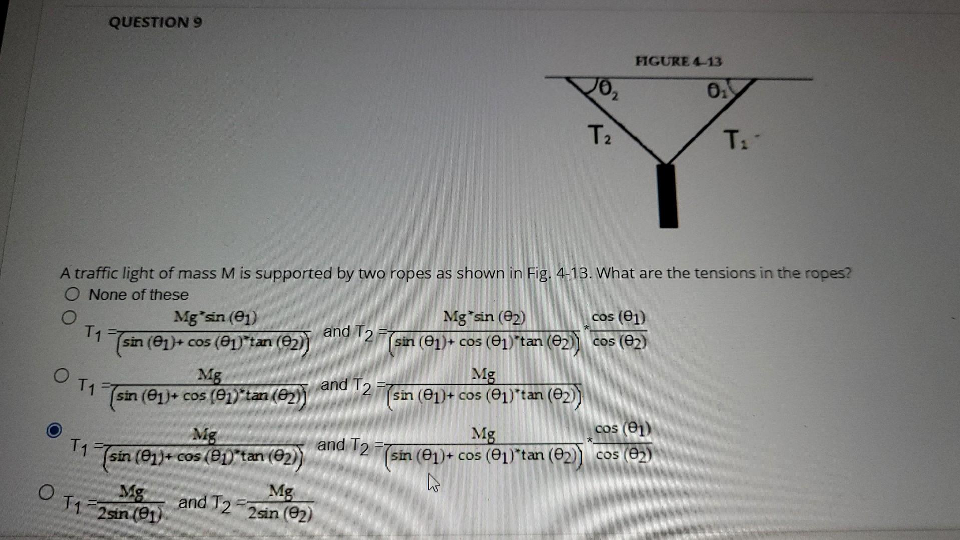 Solved A traffic light of mass M is supported by two ropes | Chegg.com
