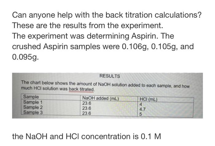 Solved Can anyone help with the back titration calculations? | Chegg.com
