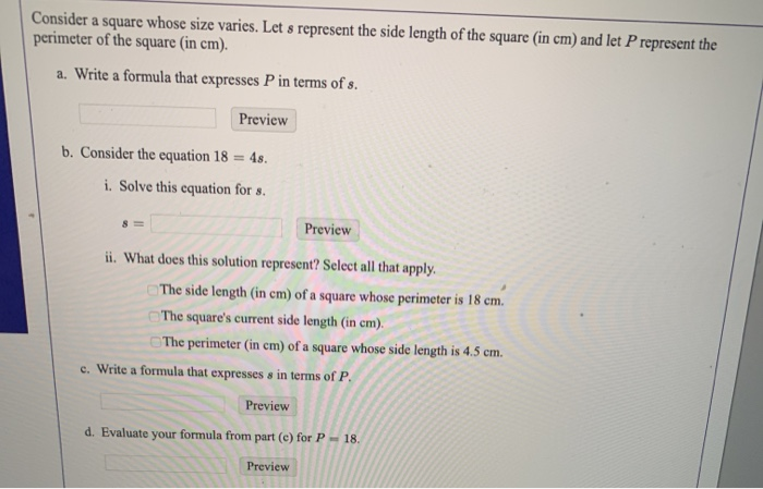 Solved Consider a square whose size varies. Let s represent | Chegg.com