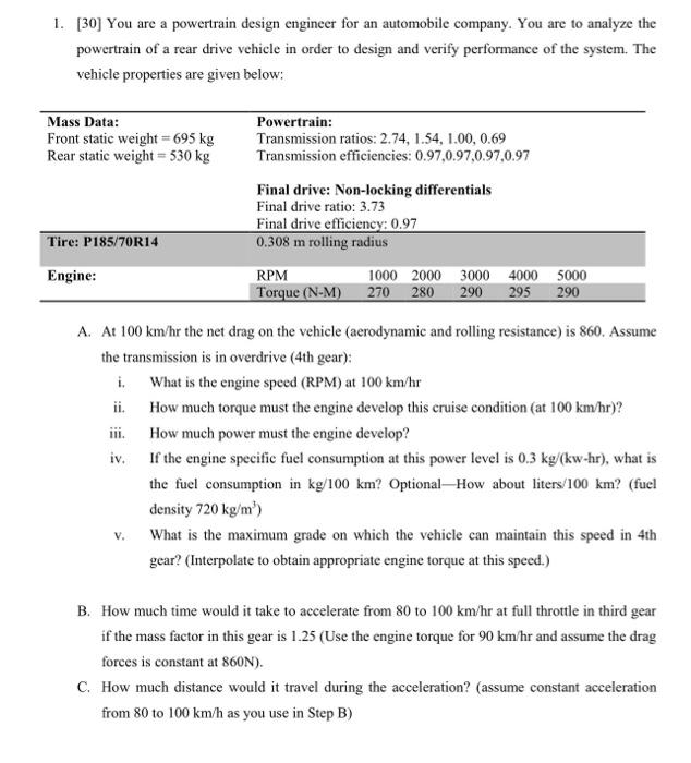 Solved 1. [30] You are a powertrain design engineer for an | Chegg.com