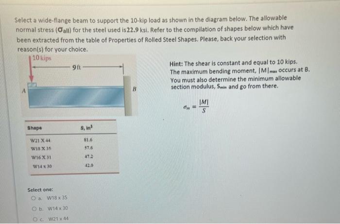 Select a wide-flange beam to support the 10-kip load | Chegg.com