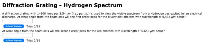 Solved Diffraction Grating - Hydrogen Spectrum A diffraction | Chegg.com