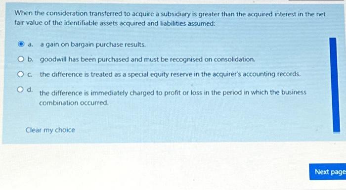 Solved When the consideration transferred to acquire a | Chegg.com