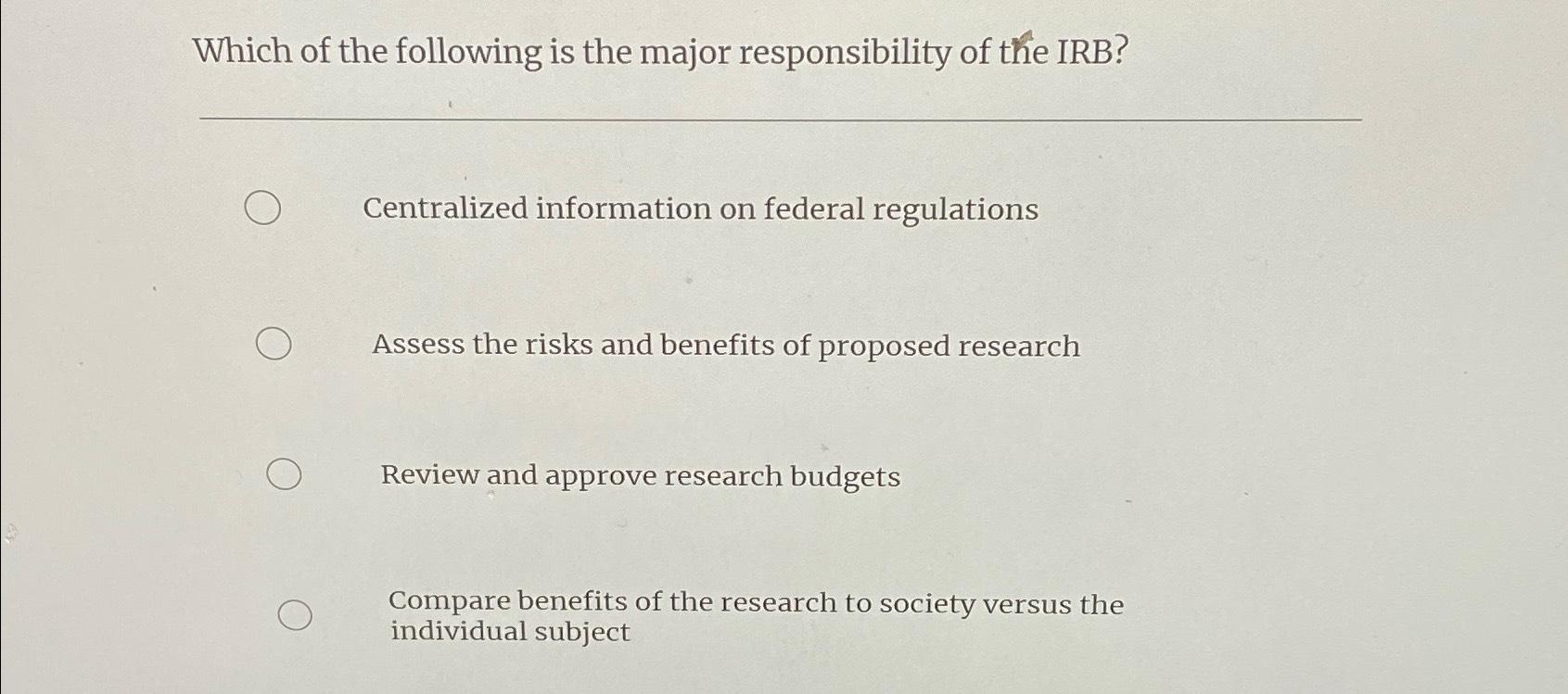 Solved Which of the following is the major responsibility of | Chegg.com