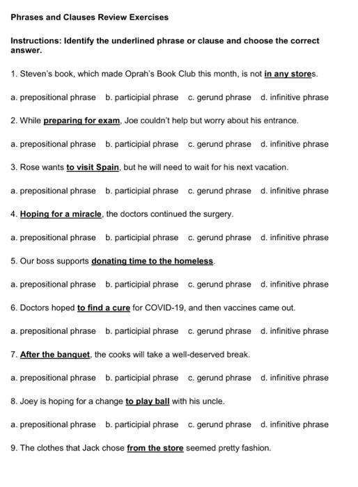 Phrases and Clauses Review Exercises Instructions: | Chegg.com