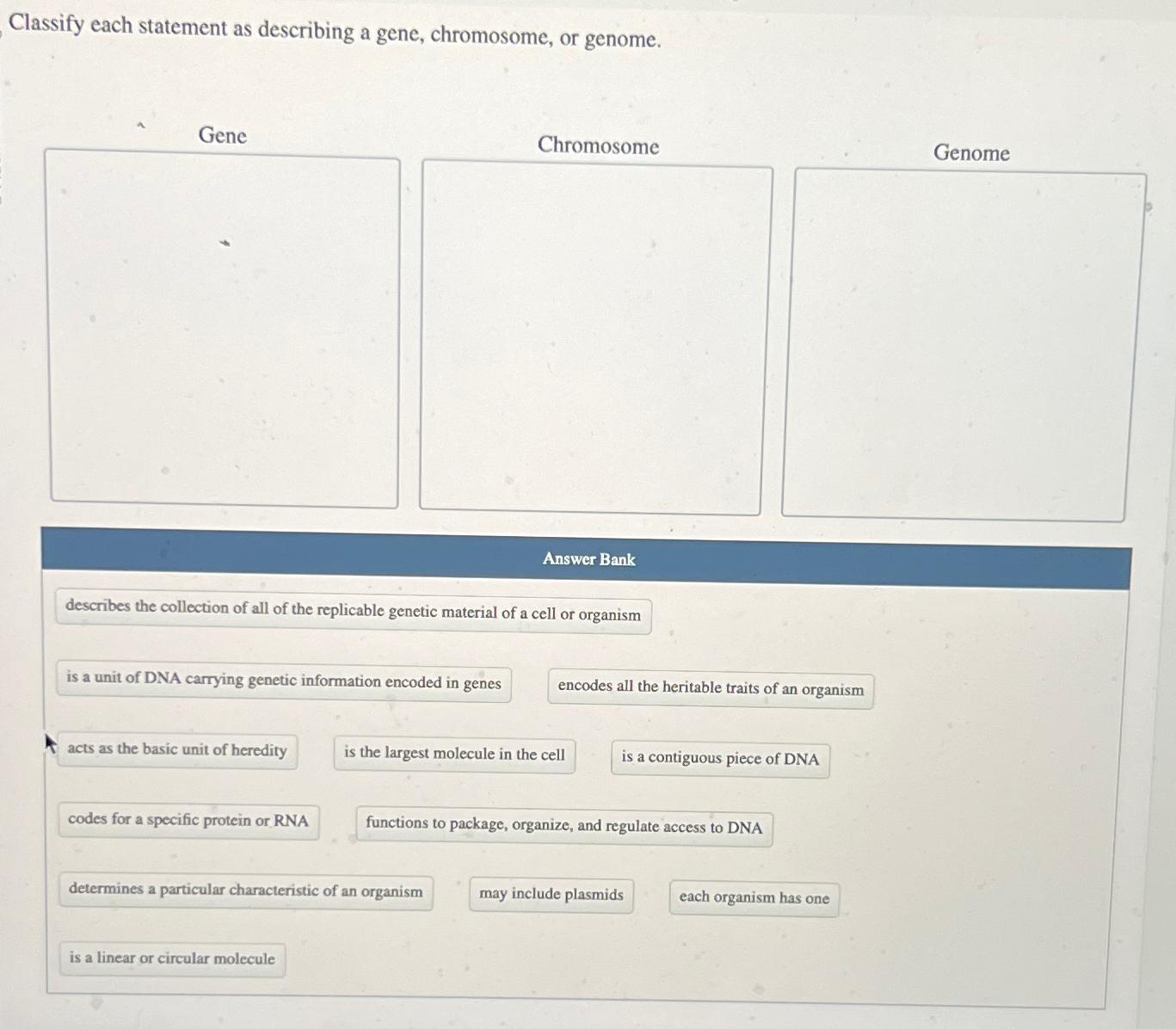 Solved Classify each statement as describing a gene, | Chegg.com
